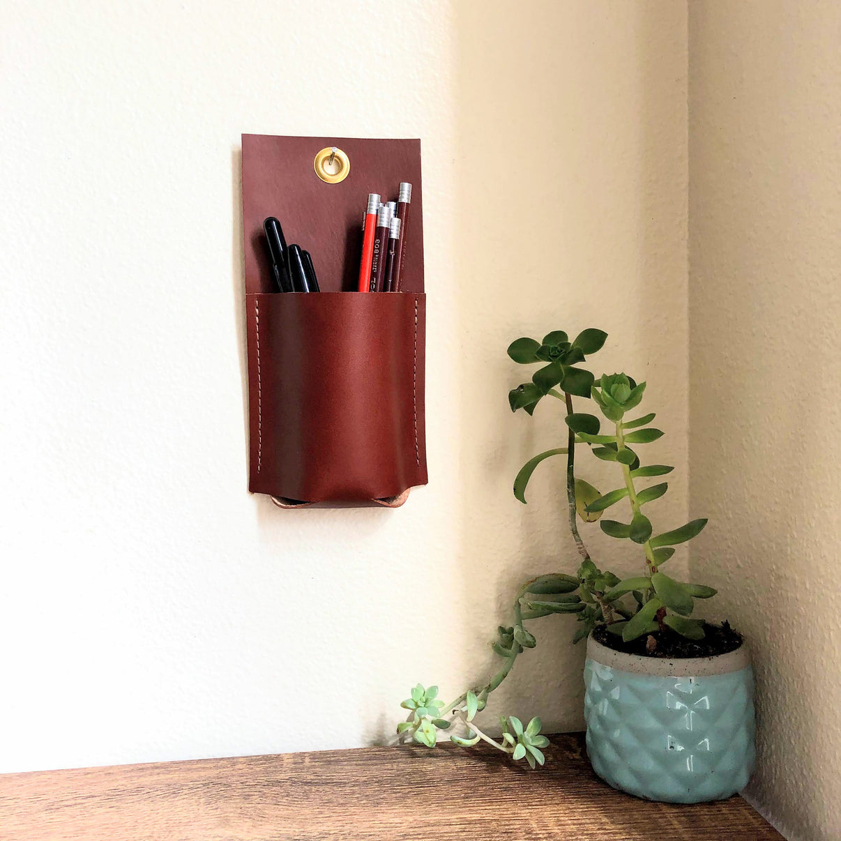 Leather Wall Pocket Caddy | Leather Organizer | Hanging Pencil Holder ...